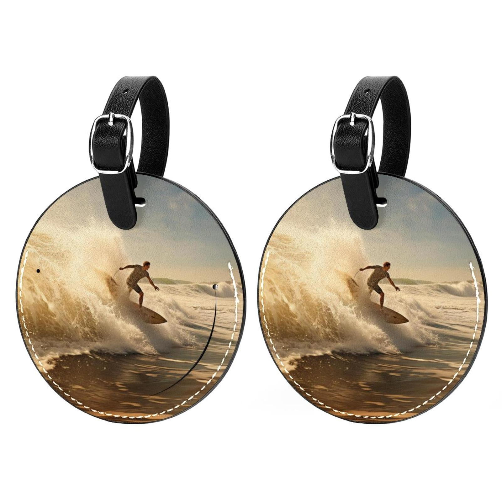 Surfing in Summer 2Pcs PU Leather Round Luggage Tags with Privacy Cover ...