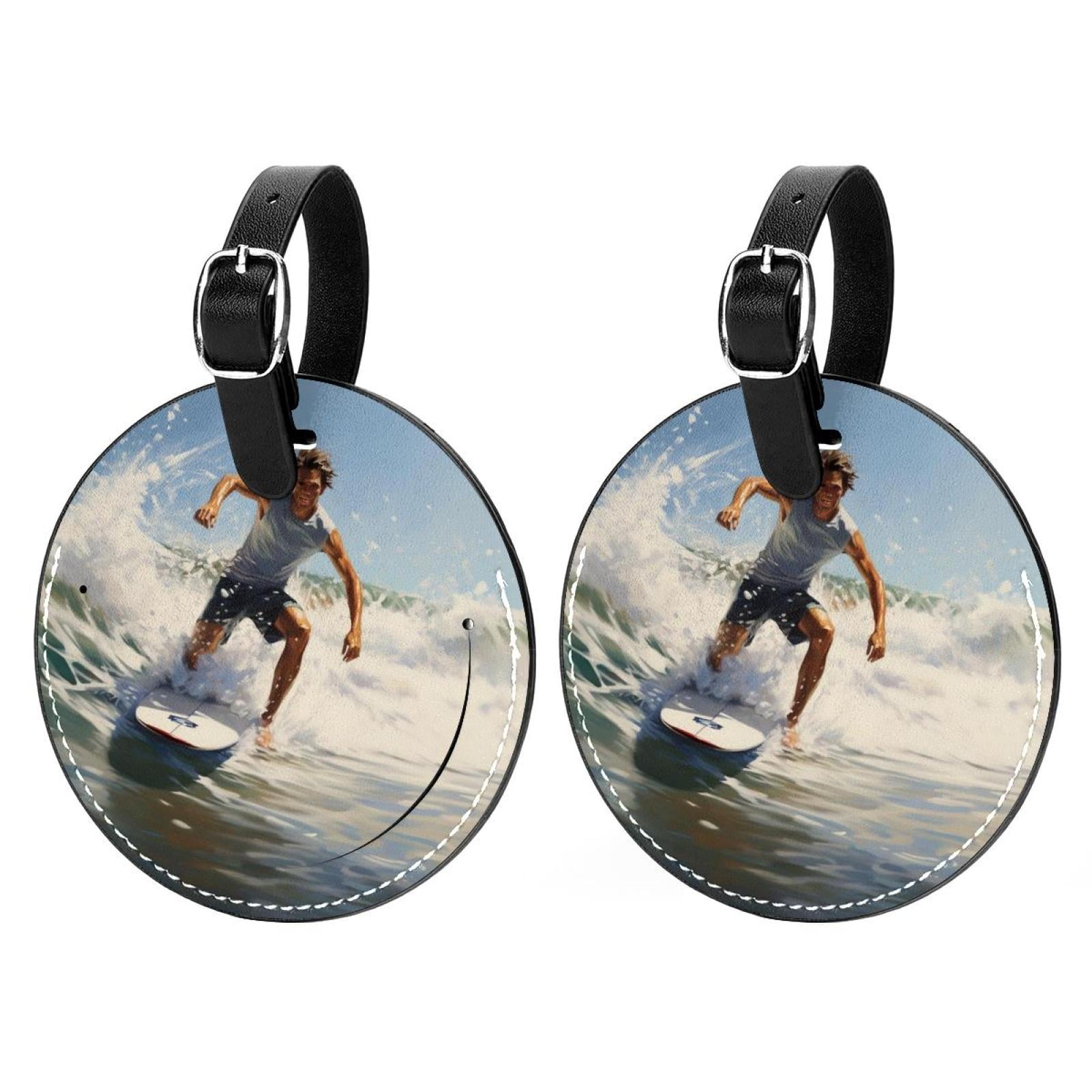 Surfing in Summer 2Pcs PU Leather Round Luggage Tags with Privacy Cover ...