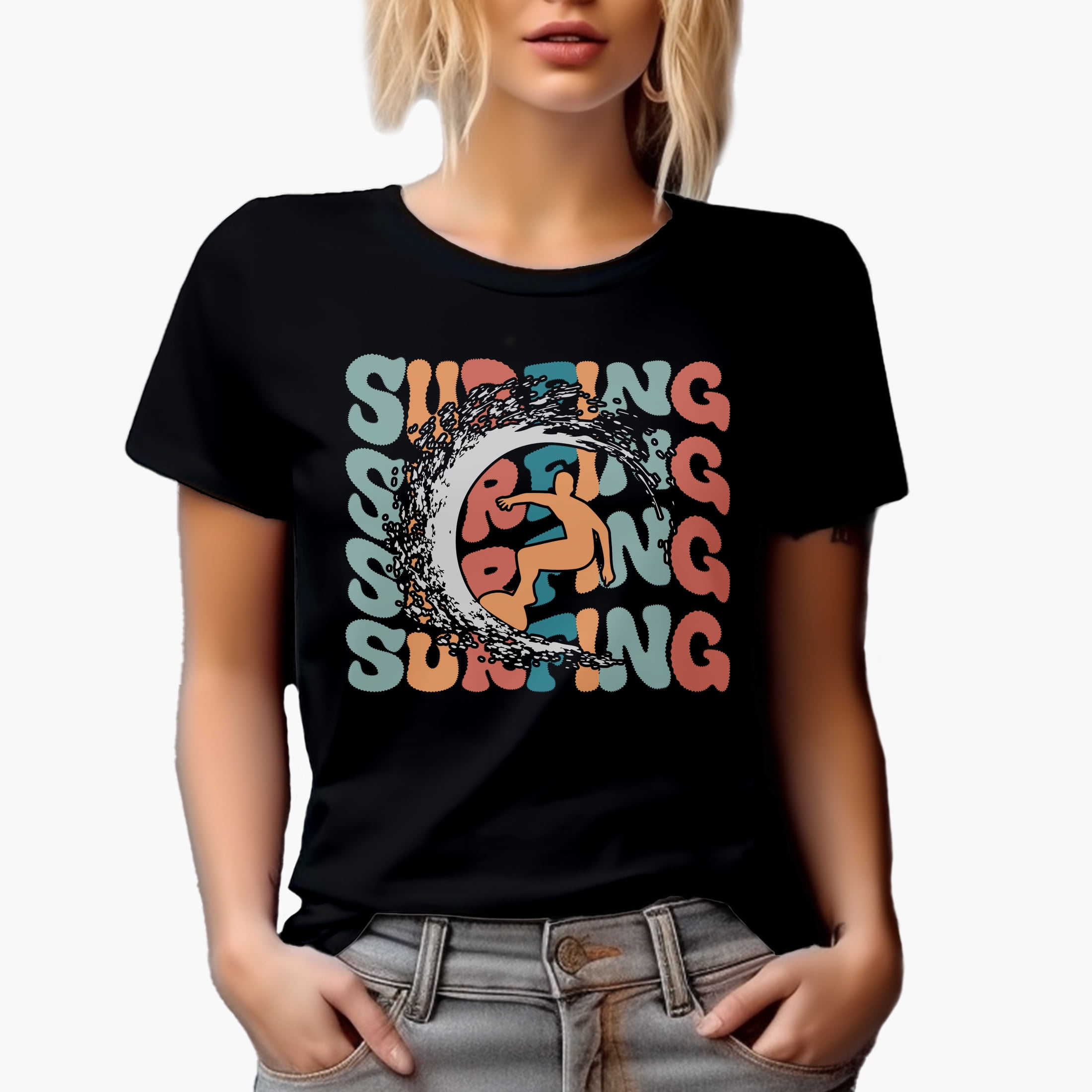 Surfing with a Breaker & Surfer Image,, Groovy Retro Wavy Text Merch ...