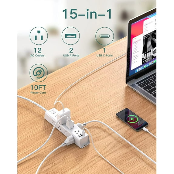 Surge Protector Power Strip - 10 FT Extension Cord, with 12 Widely AC ...