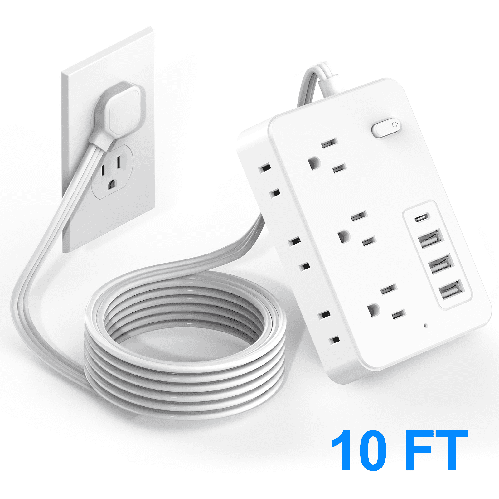 Surge Protector Power Strip with 10-Foot Flat Plug Extension Cord, 6 ...