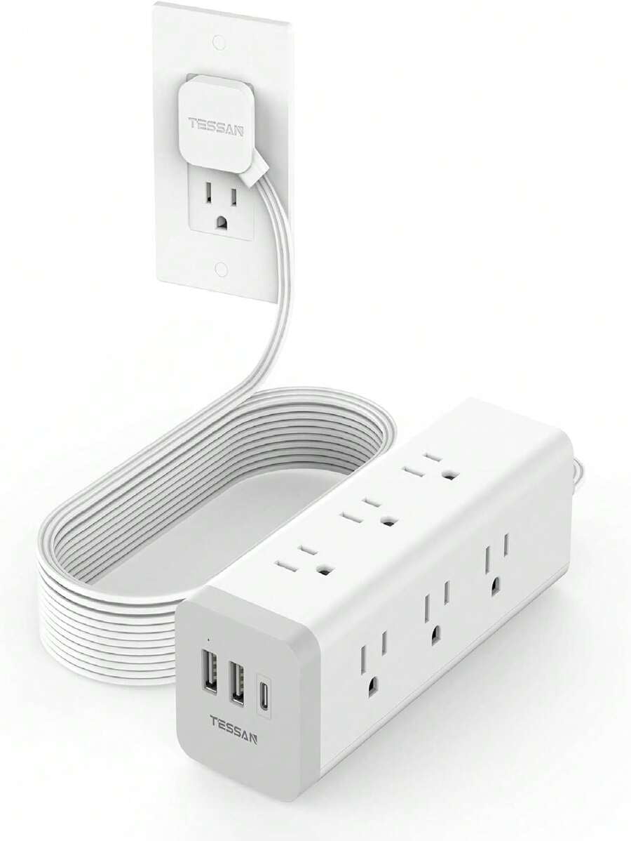 Surge Protector Power Strip 15 Ft, TESSAN Flat Plug Long Extension Cord ...