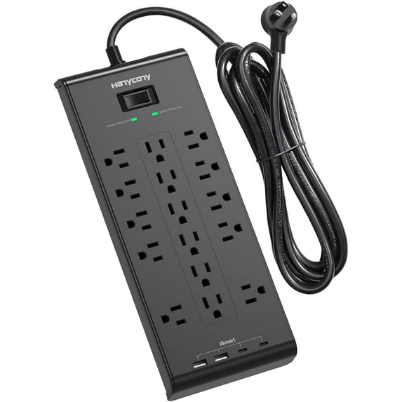 Surge Protector Power Strip, 5 Ft Flat Plug Heavy Duty Extension Cord ...