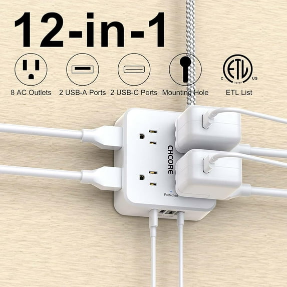Surge Protector Power Strip - 5Ft Braided Extension Cord with 8 Outlets ...