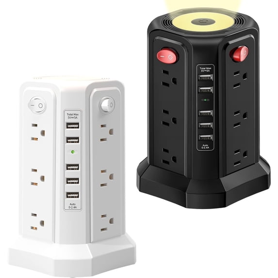 Surge Protector Power Strip Tower with 5 Ports and Night Light, 10FT ...