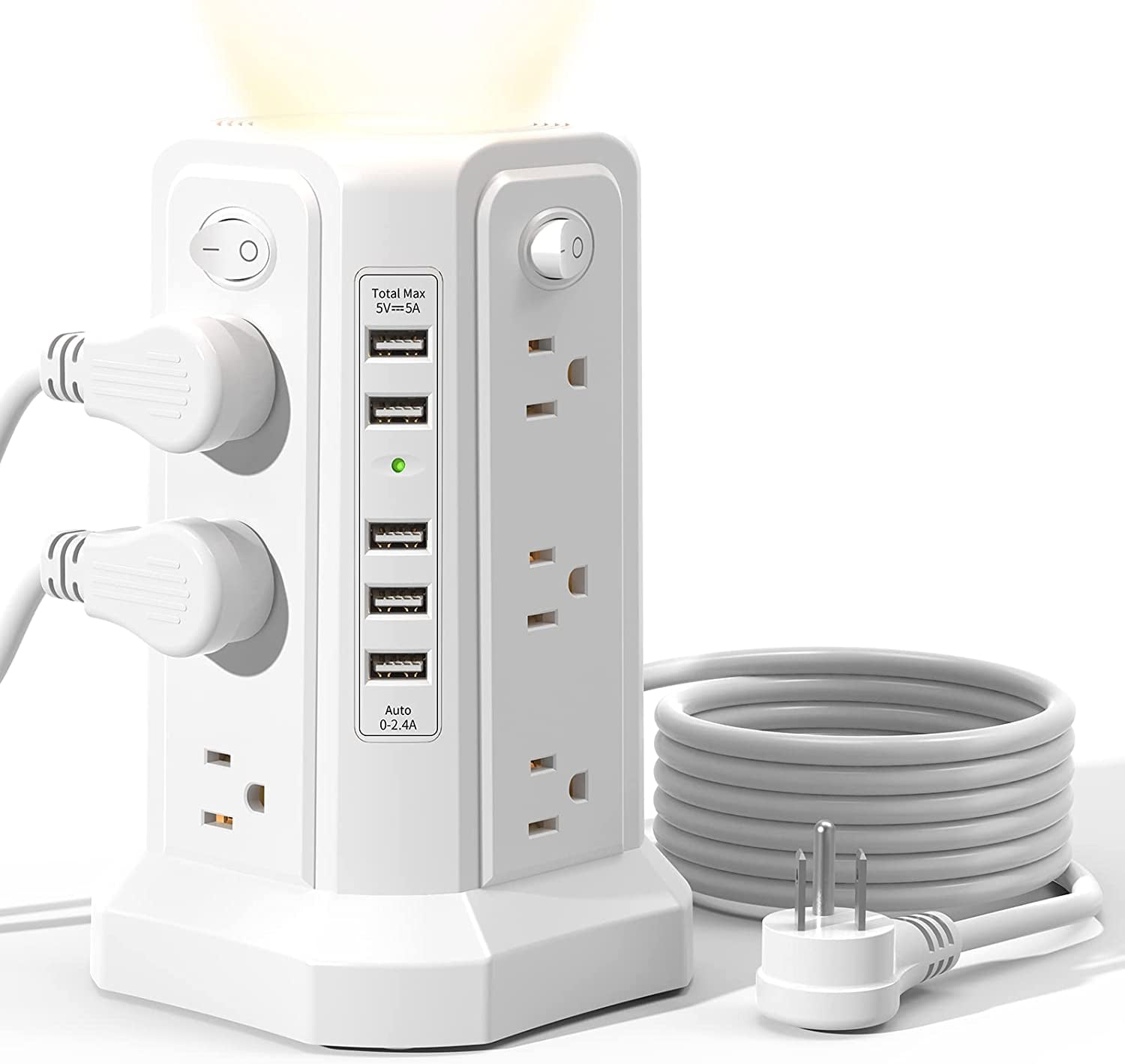 Surge Protector Power Strip Tower with 5 USB Ports and Night Light ...