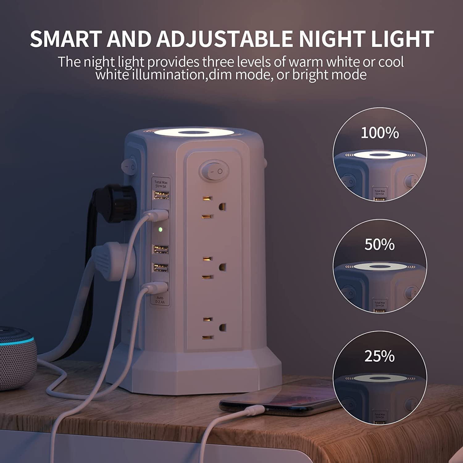 Surge Protector Power Strip Tower with 5 USB Ports and Night Light ...