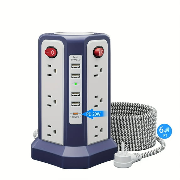 Surge Protector Power Strip Tower With 5 USB Ports And Night Light ...