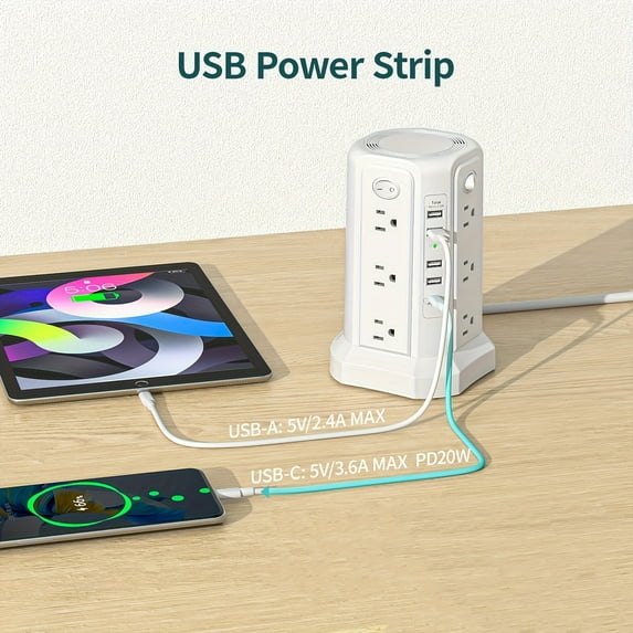 Surge Protector Power Strip Tower With 5 USB Ports And Night Light ...