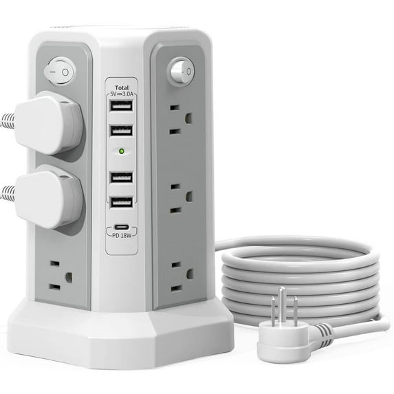 Surge Protector Power Strip Tower with PD18W USB C Port,10FT Extension ...