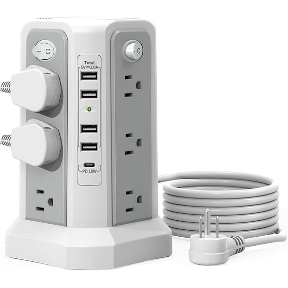 Surge Protector Power Strip Tower with PD18W USB C Port,10FT Extension ...