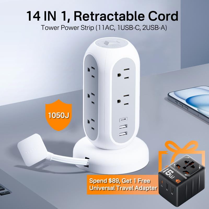 Surge Protector with USB C, Retractable Cord Power Strip Tower, 11 ...