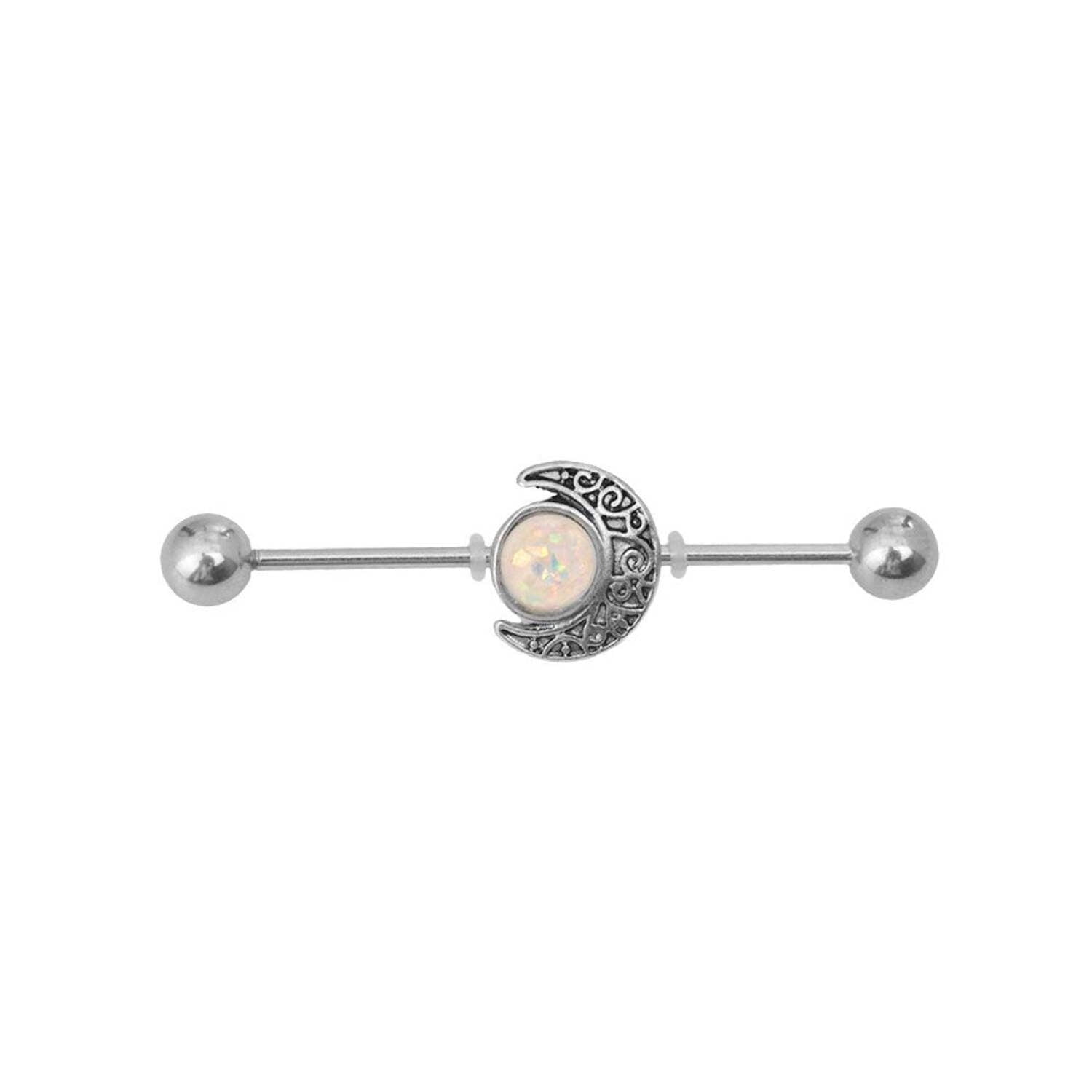 Surgical Steel Industrial Barbell 14 Gauge 38 MM Crescent Moon Opal ...