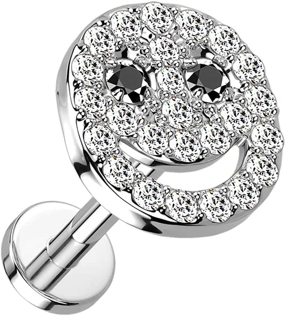 Surgical Steel Internally Threaded CZ Paved Smiley Face with Black CZ ...