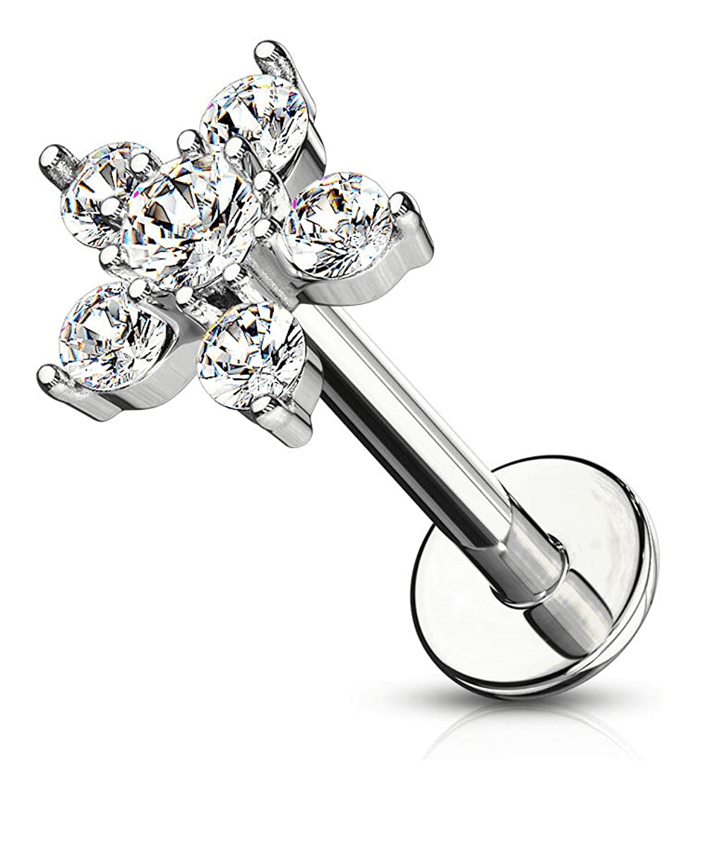 Surgical Steel Internally Threaded Double Tiered 6 CZ Flower Top Labret ...