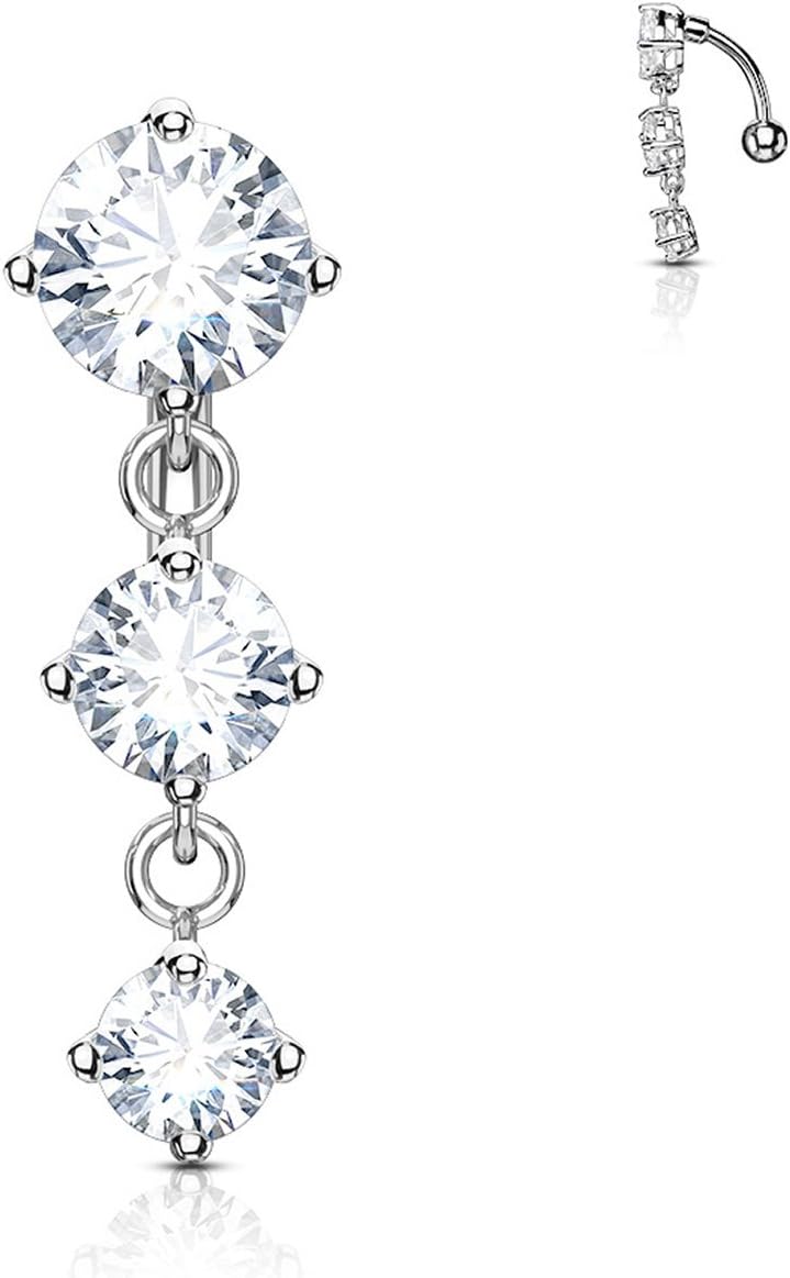 Surgical Steel Sexy Dangle Reverse Mount Triple CZ Vertical Drop Belly Button Ring Steel, Round ...