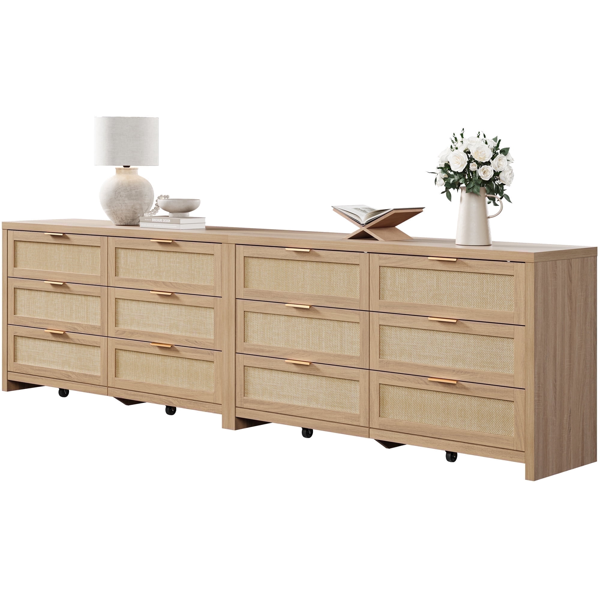 Surmoby 6-Drawer Wide Dresser Set of 2 with Rattan Drawers - Extra Deep ...