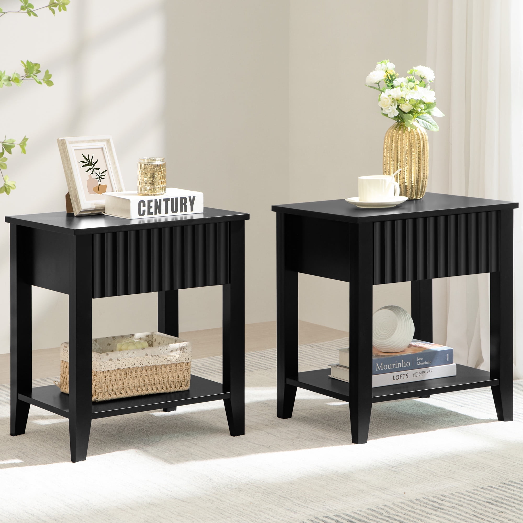 Surmoby Black Nightstand Set of 2,Modern Bedside Tables with Fluted ...