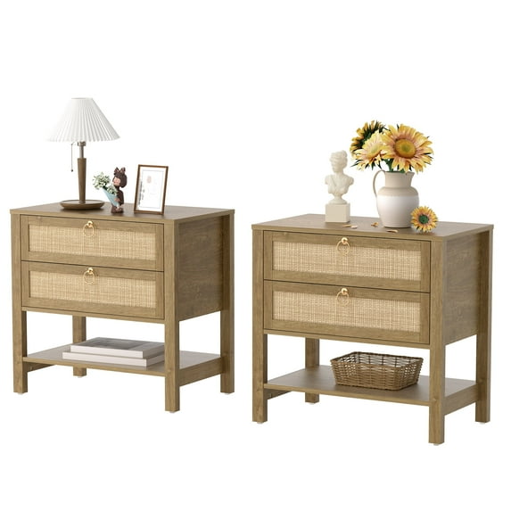 Surmoby Boho Nightstand Set of 2 with 2 Drawers & Open Shelf - Cherry ...