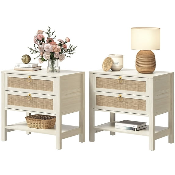 Surmoby Boho Nightstand Set of 2 with 2 Drawers & Open Shelf - Cream ...