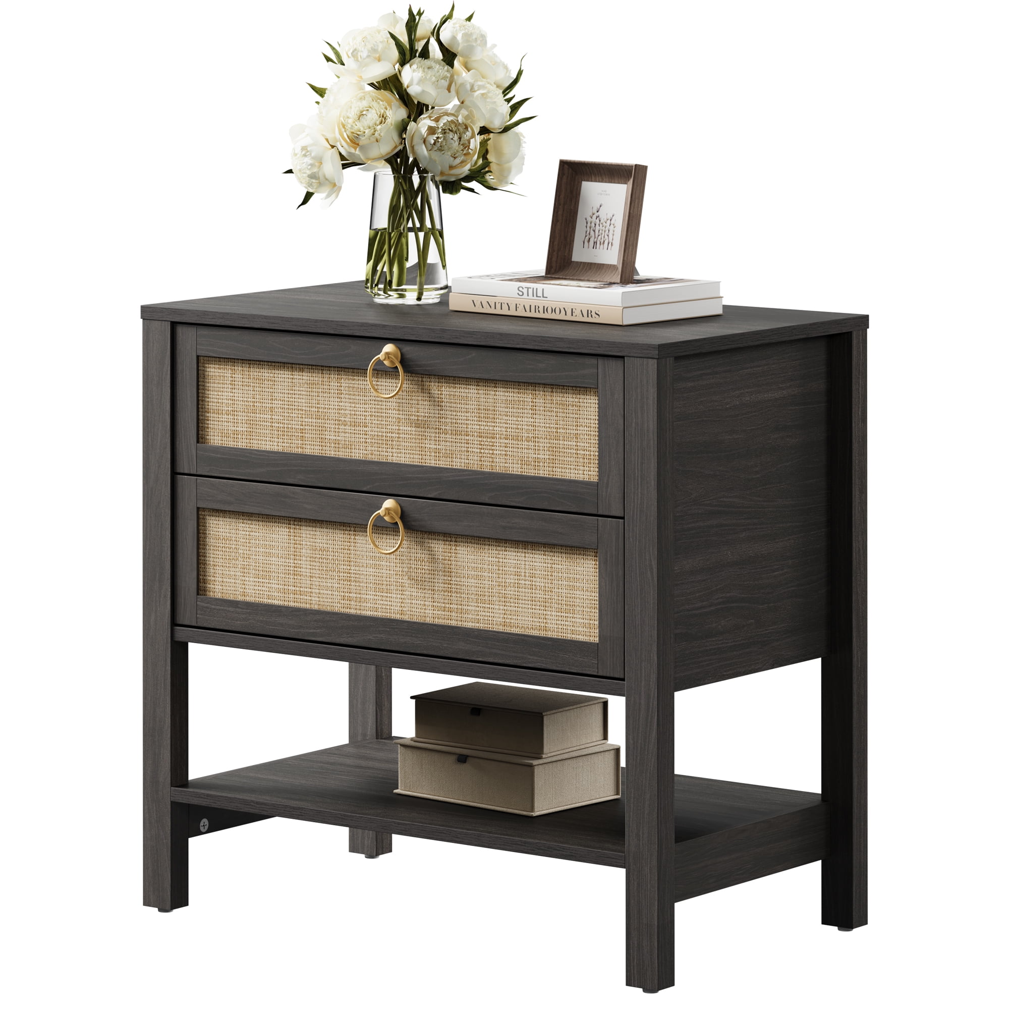 Surmoby Boho Nightstand with 2 Drawers & Open Shelf - Black Oak Extra ...