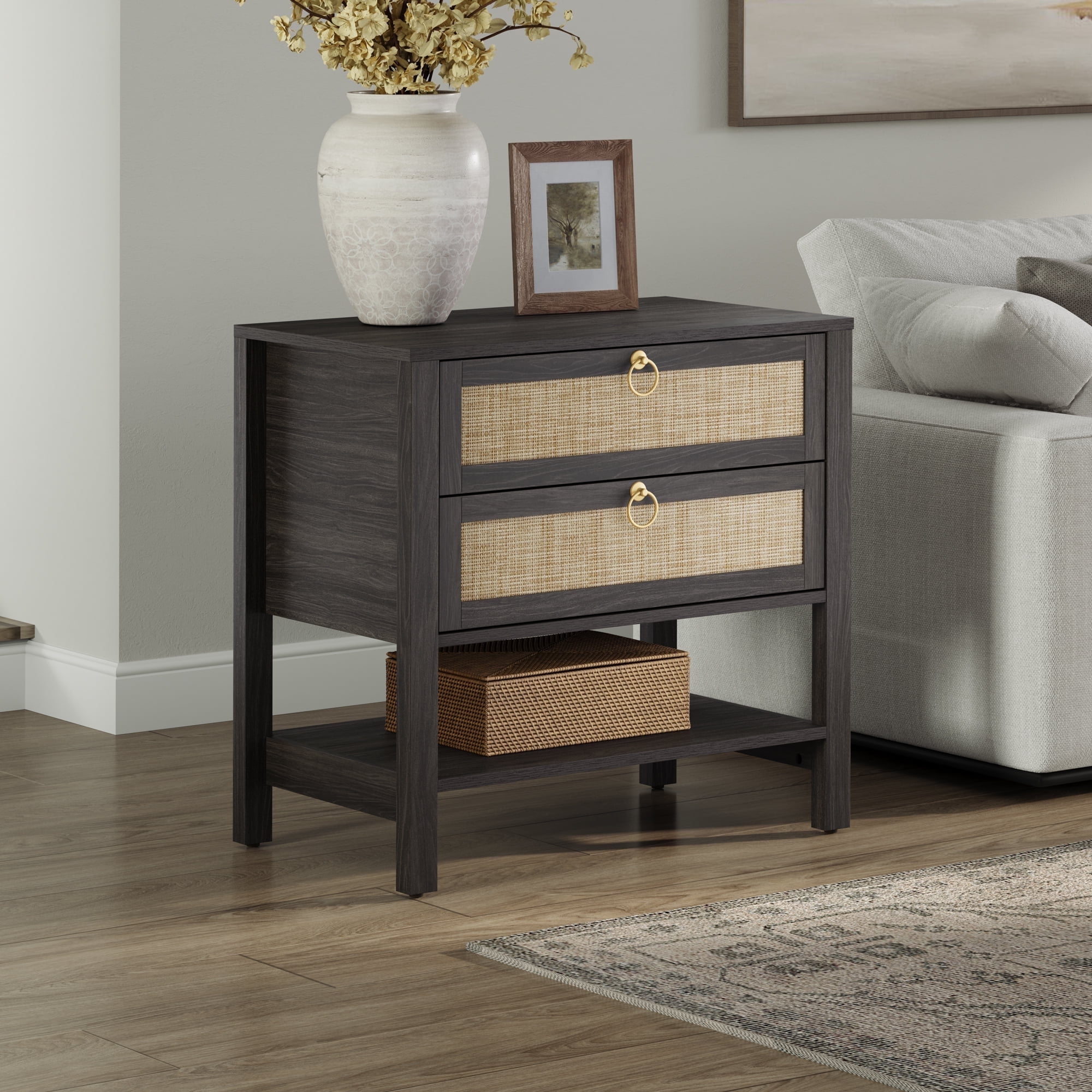 Surmoby Boho Nightstand with 2 Drawers & Open Shelf - Black Oak Extra ...