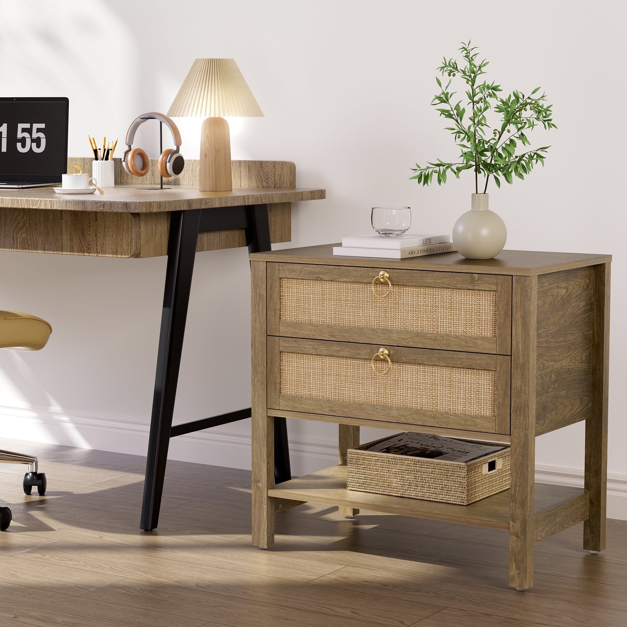Surmoby Boho Nightstand with 2 Drawers & Open Shelf - Cherry Oak Extra ...