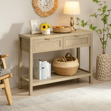 Homfa Farmhouse Console Table with 2 Storage Drawer, Wood Living Room ...