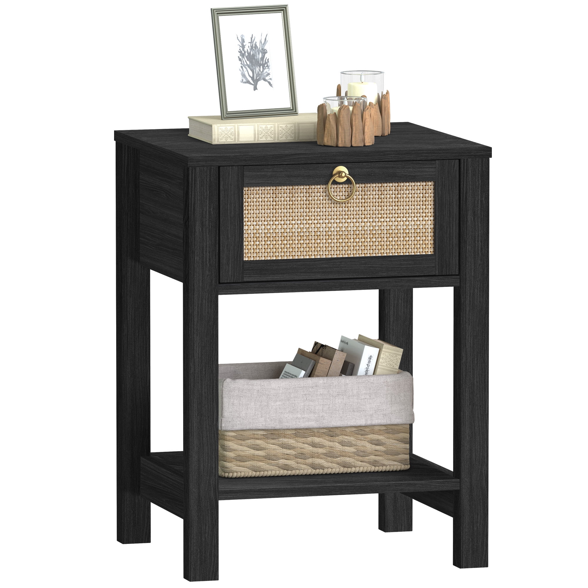 Surmoby Farmhouse Rattan Nightstand Bedside Tables with Storage Drawer ...