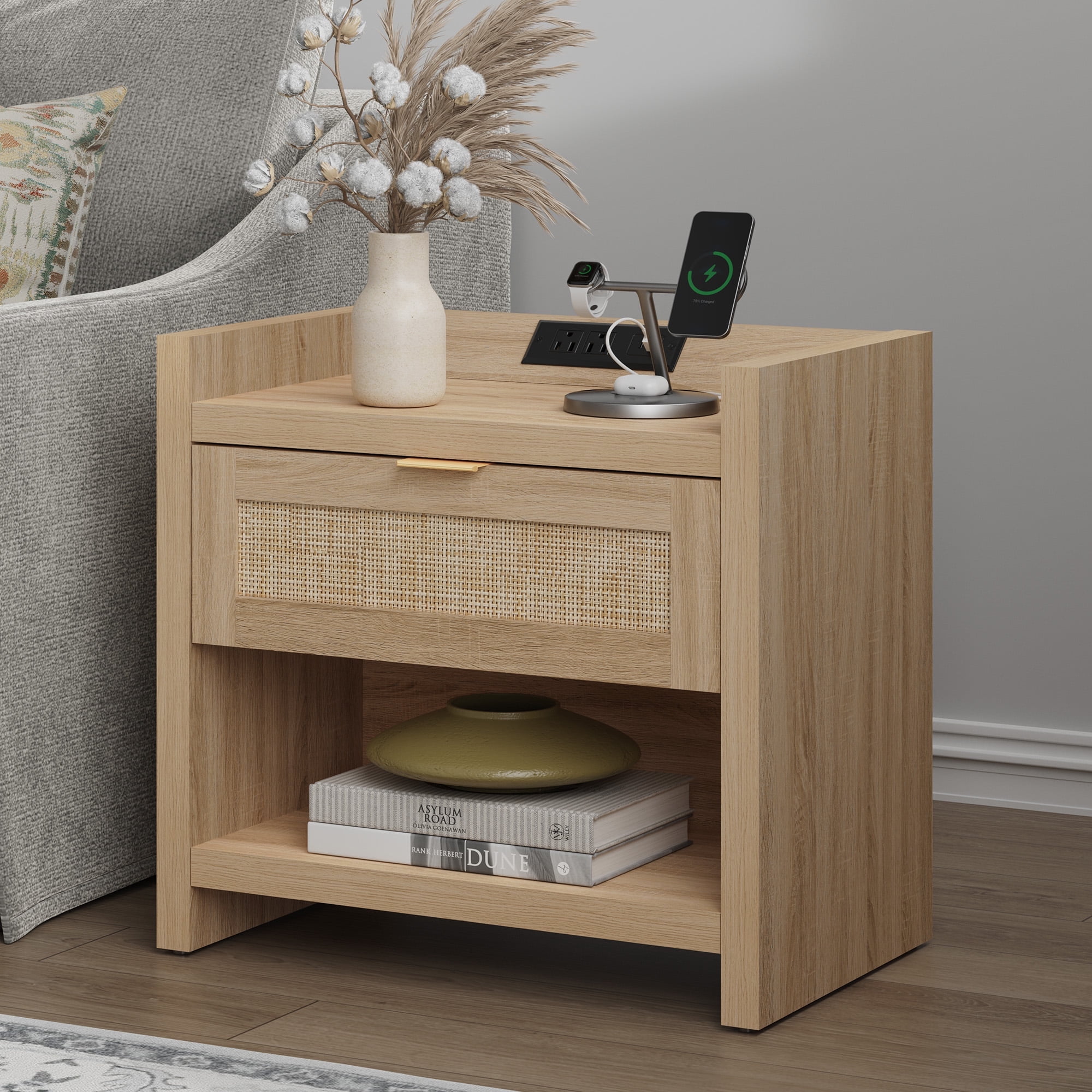 Surmoby Nightstand with Charging Station,Boho Bedside Table with USB ...