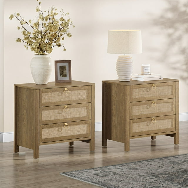Surmoby Oak Boho 3-Drawer Nightstand Set of 2 - Extra Wide Storage ...