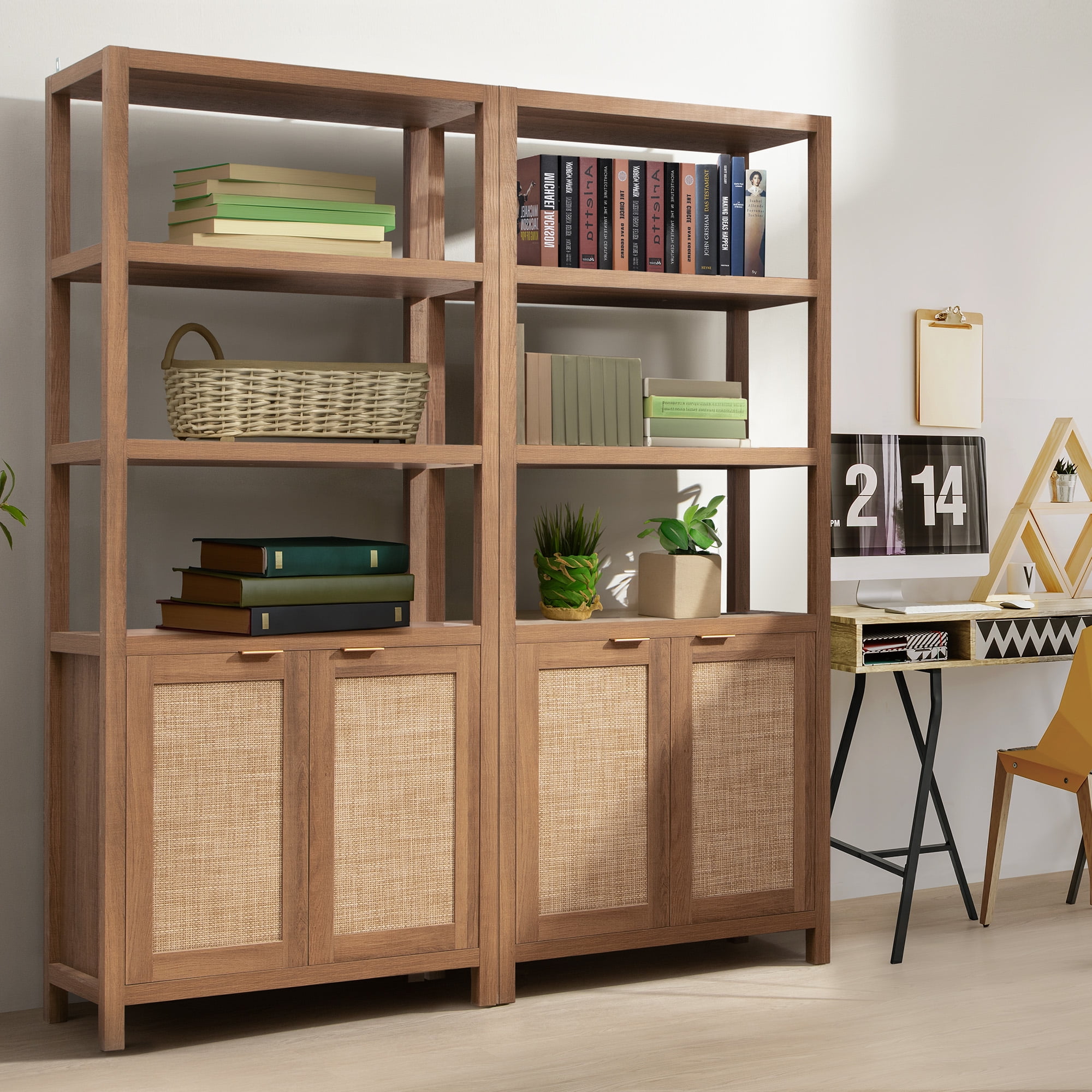 Surmoby Rattan Bookshelf with Storage Cabinet,Boho 5 Shelf Bookcase ...