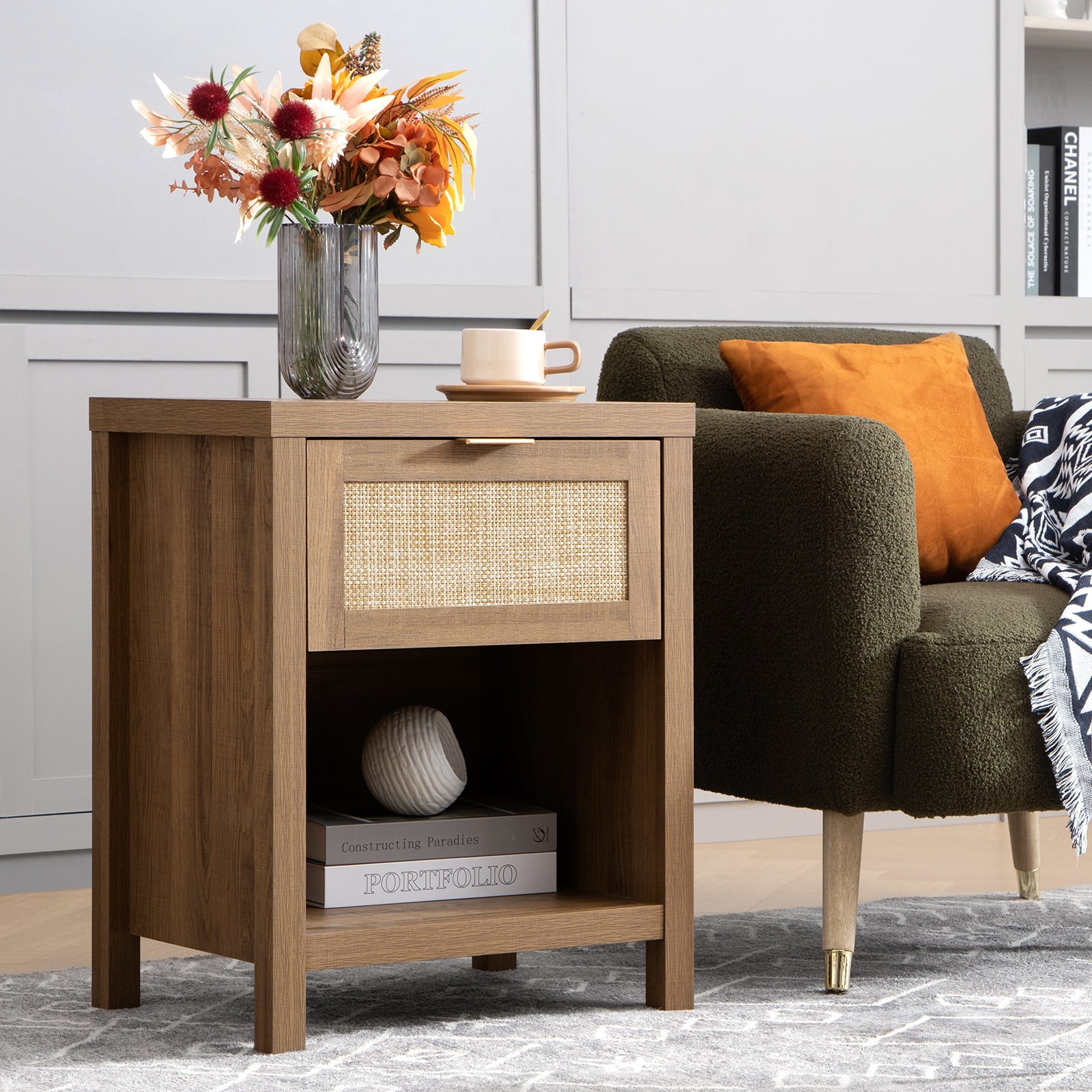 Surmoby Rattan Nightstand Bedside Table with Drawer and Storage Shelf ...