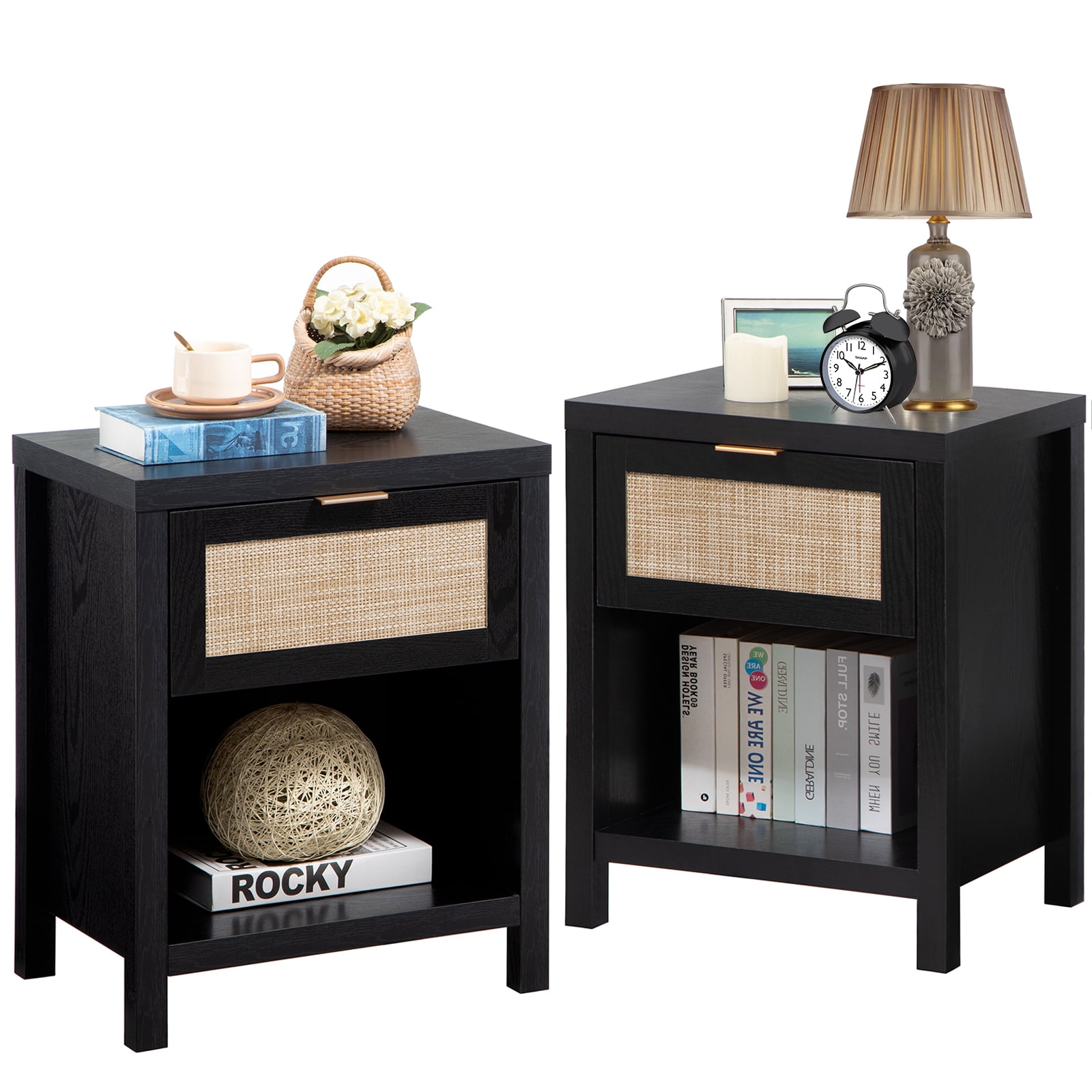 Surmoby Rattan Nightstand Set of 2,Farmhouse Bedside Tables Night ...