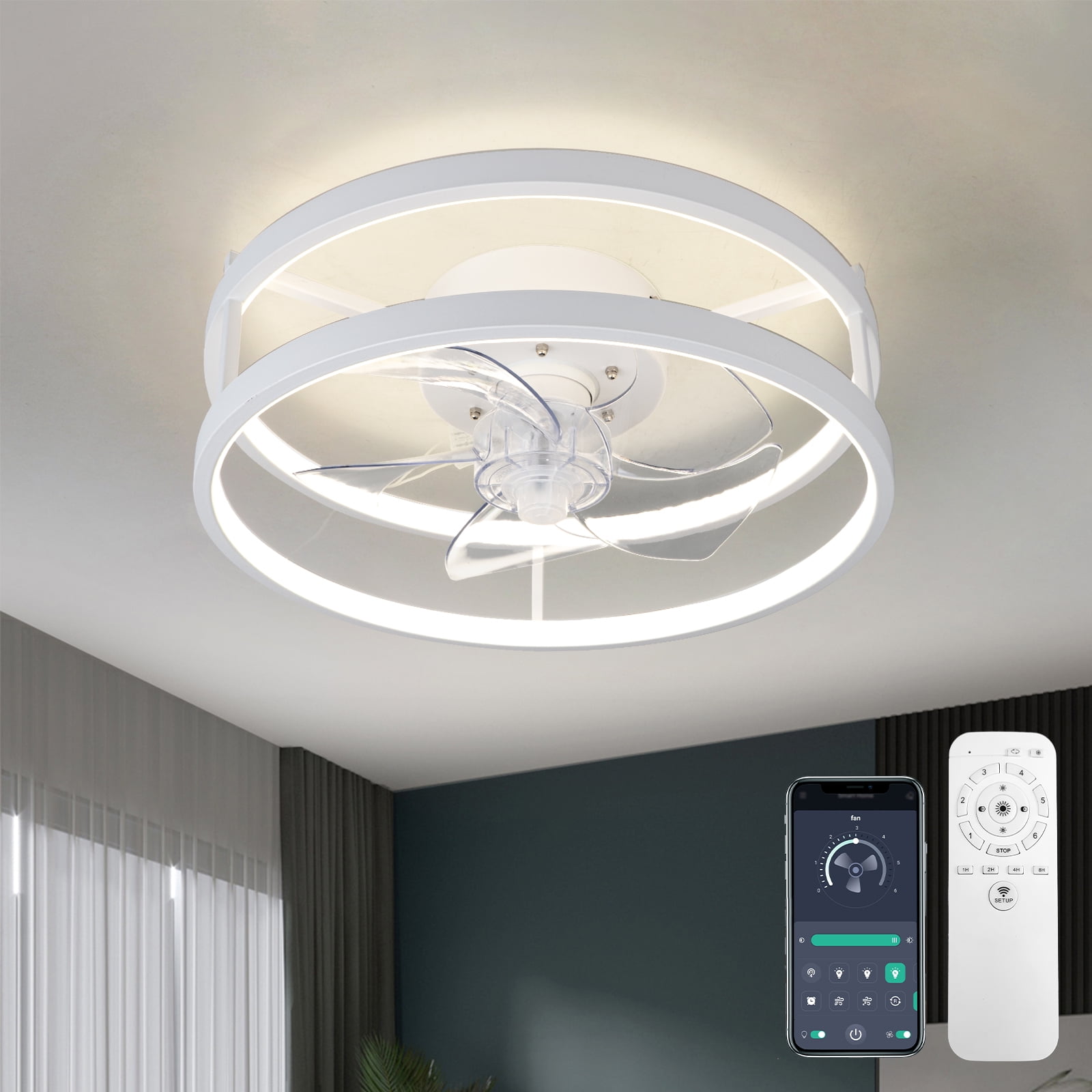 "Surnie 15.7"" Modern Flush Mount Ceiling Fans, White Caged, Bladeless Remote Control, for Room ...
