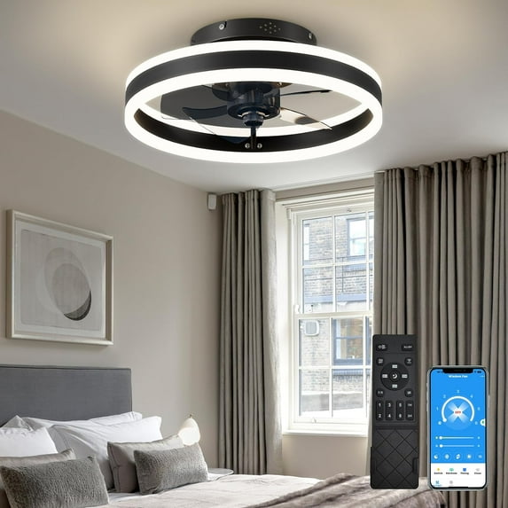 "Surnie 15.7"" LED Ceiling Fan - Low Profile, Semi-Enclosed, Smart APP Control, 6-Speeds, Black ...
