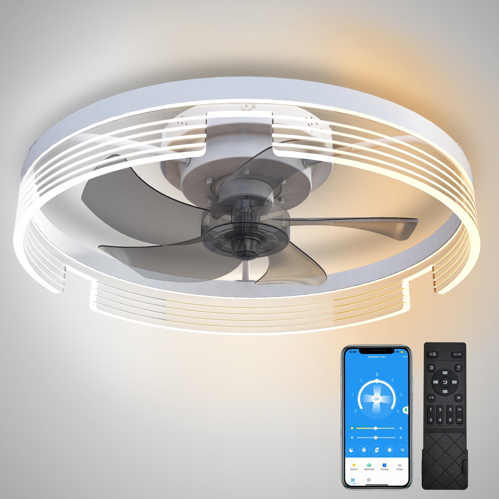 SURNIE White Flush Mount Dimmable Enclosed Ceiling Fan, Reversible LED ...