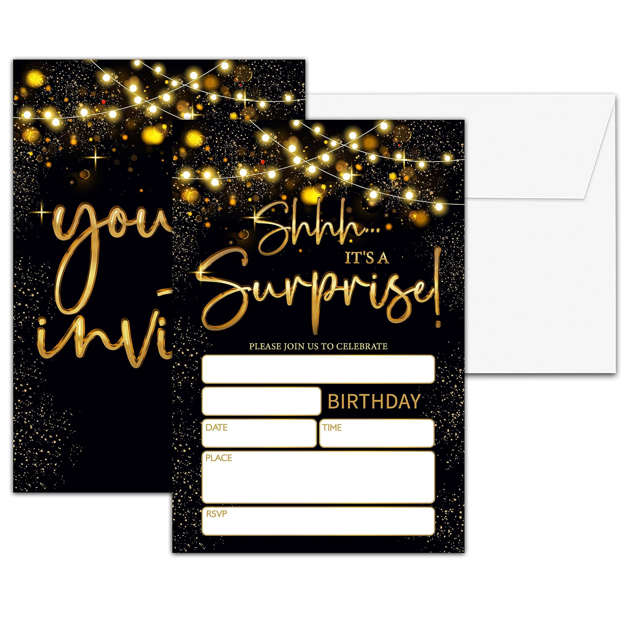 Surprise Celebration Invitations - Elegant Black and Gold Double-Sided ...