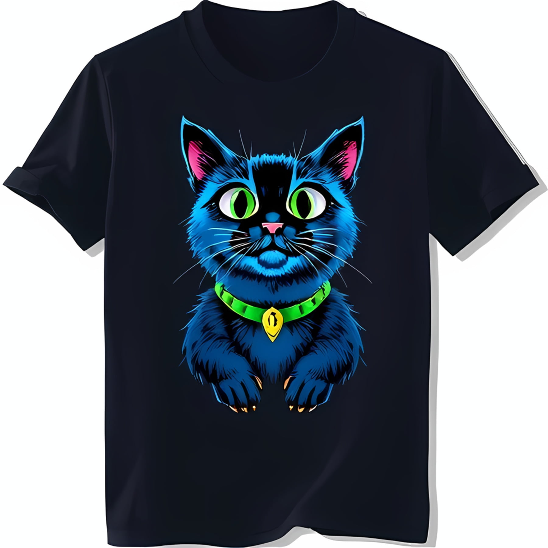Surprised Cartoon Cat T-Shirt Dark Blue Tee with Green Eyes & Collar ...