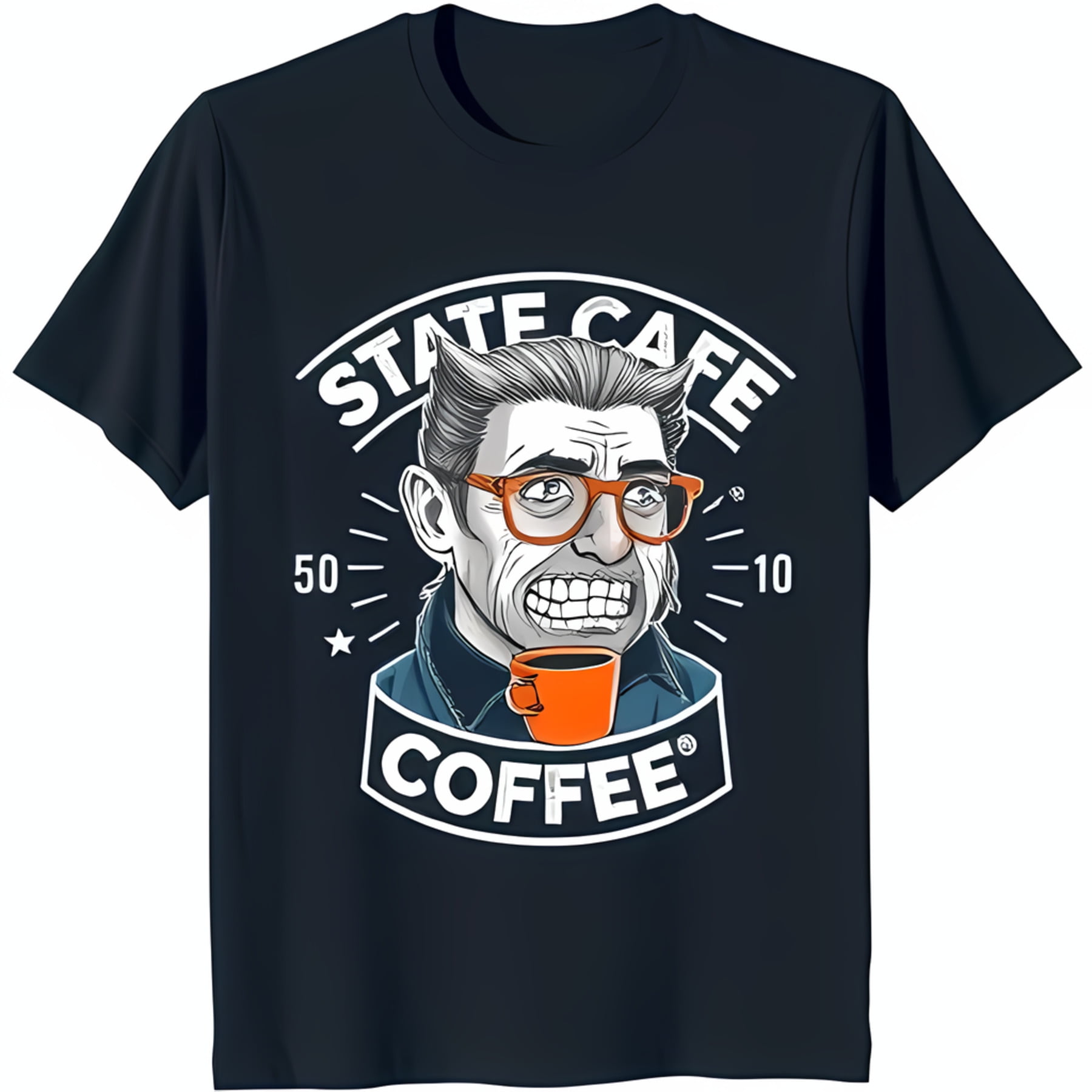 Surprised Cartoon Man Graphic T-Shirt Dark Blue 'State Cafe' Design ...