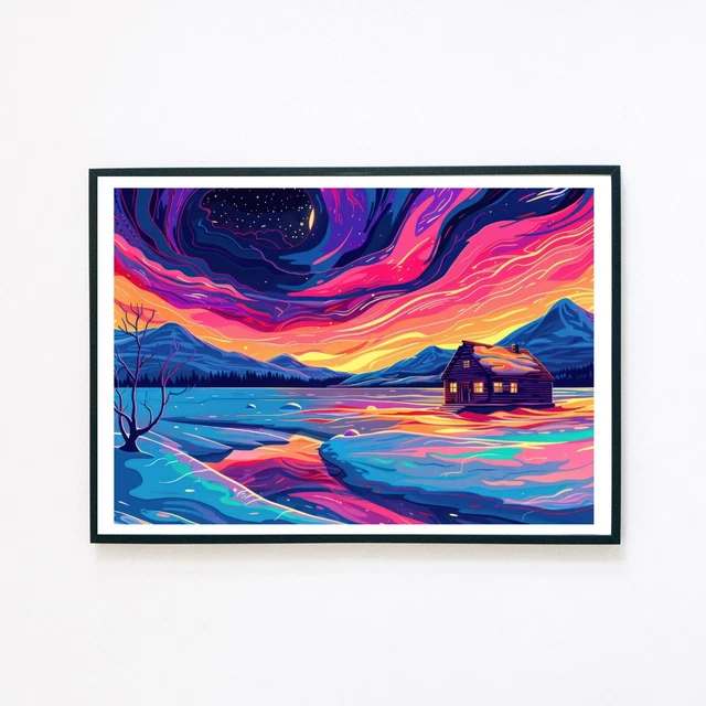 Surreal Cabin Abstract Landscape Sunset Illustration A4 Retro Wall Art ...
