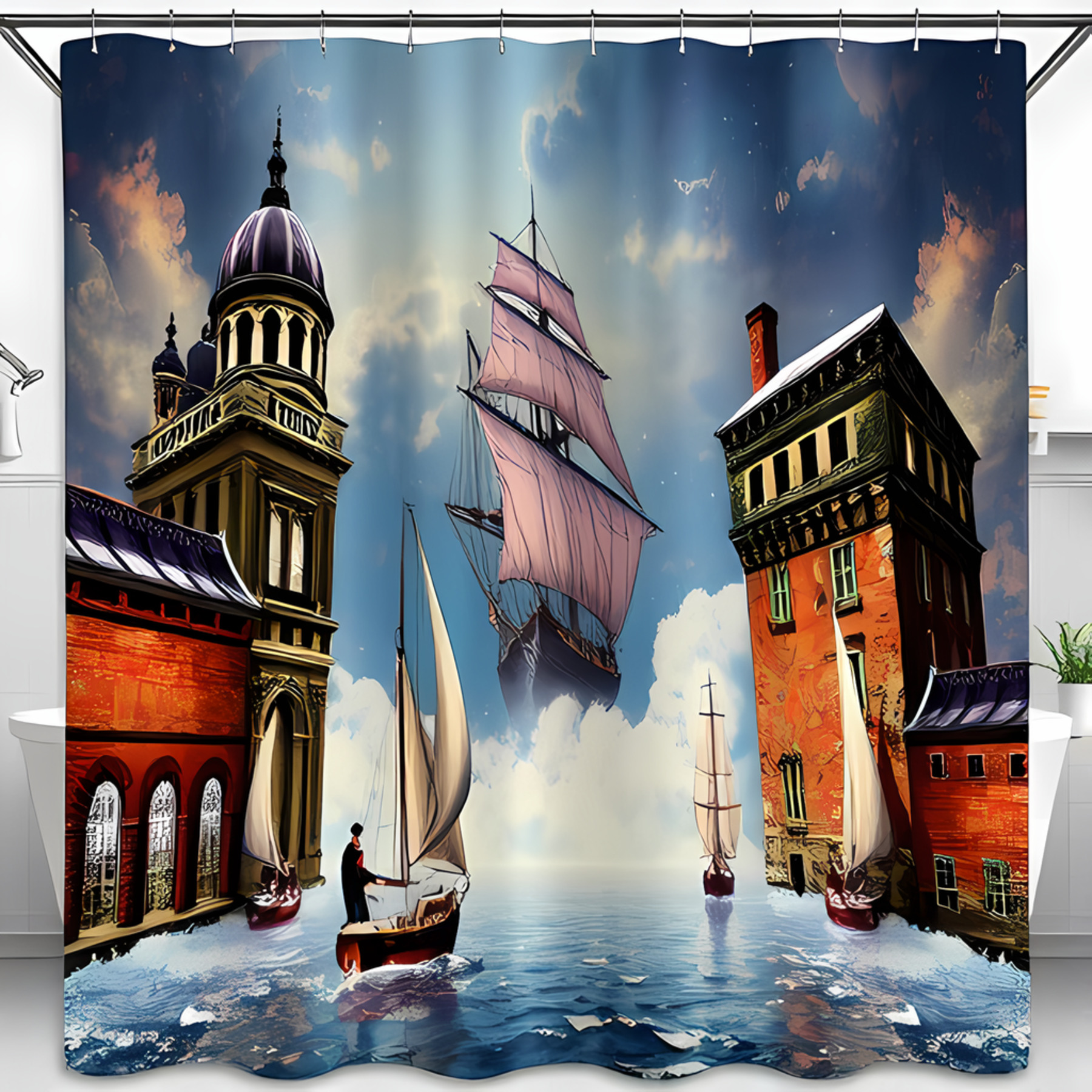 Surreal Coastal Scene Shower Curtain - Dreamlike Pink Sailing Ship Dome ...