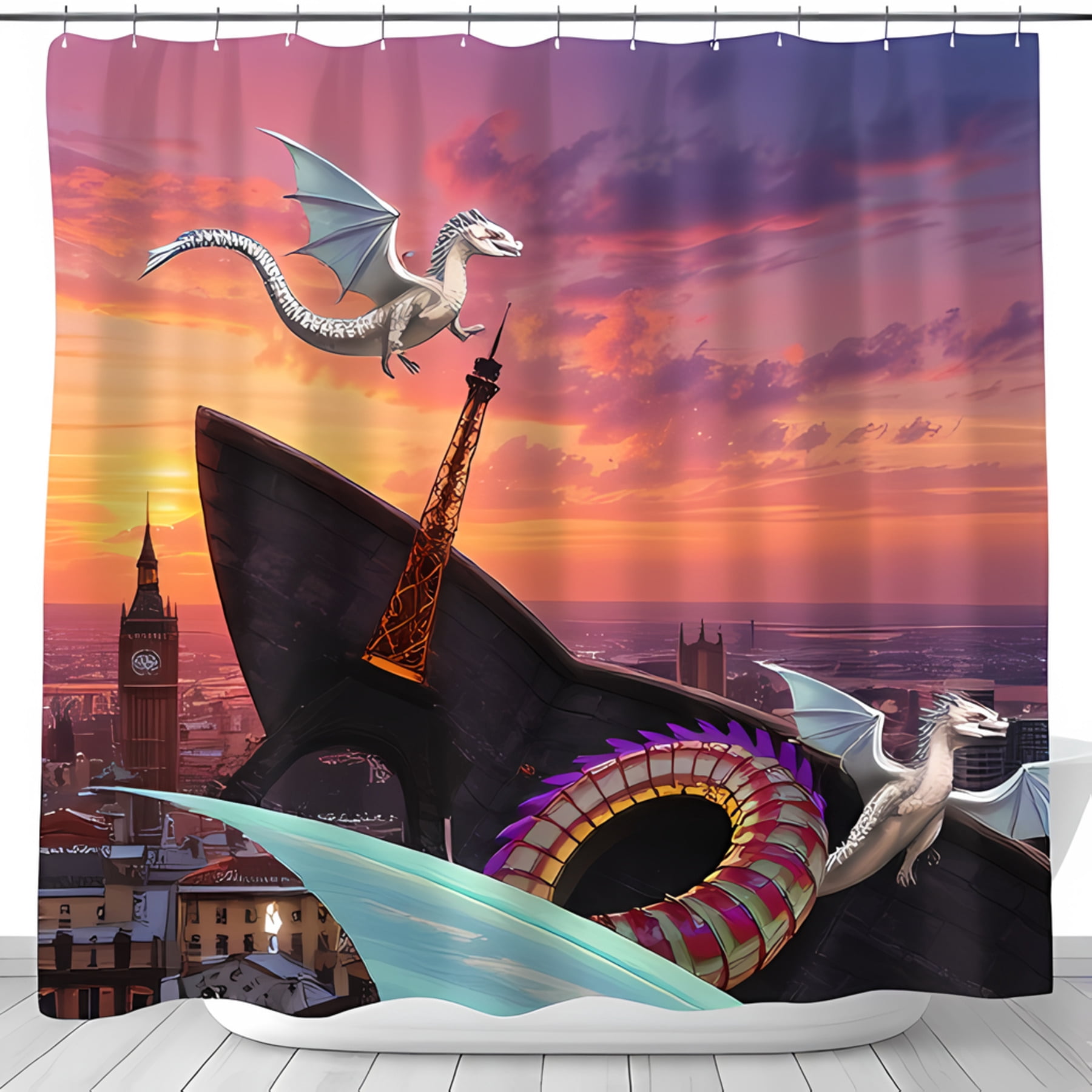 Surreal Dragon Cityscape Shower Curtain - Vibrant Sunset Sky with ...