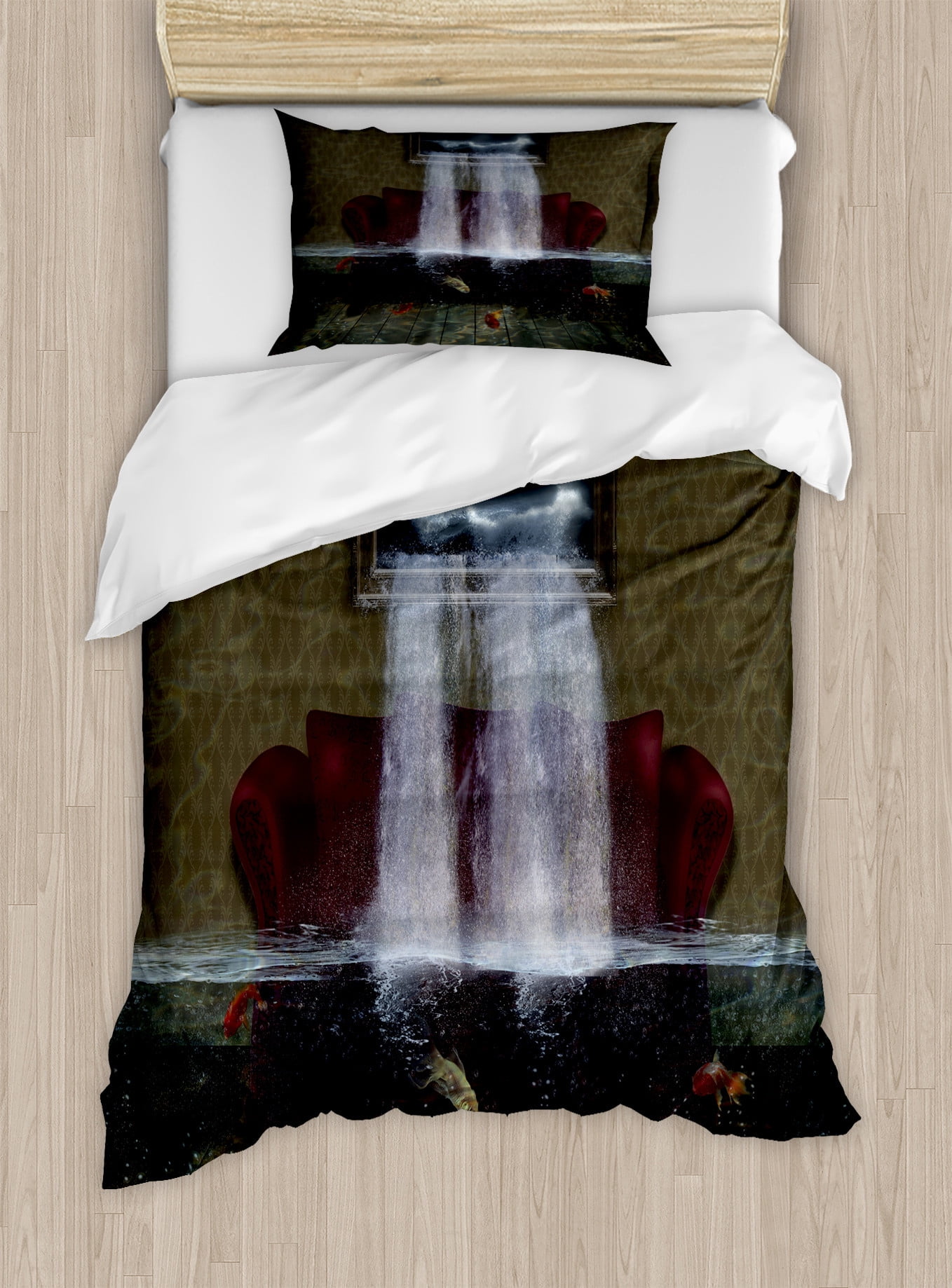 Surreal Duvet Cover Set, Imaginary Aquarium Room with a Sofa and ...