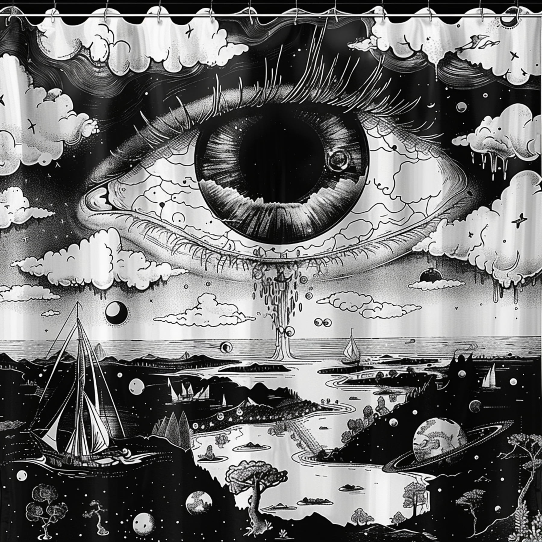 Surreal Eye in the Sky Blackwork Shower Curtain with Dreamy Landscapes ...