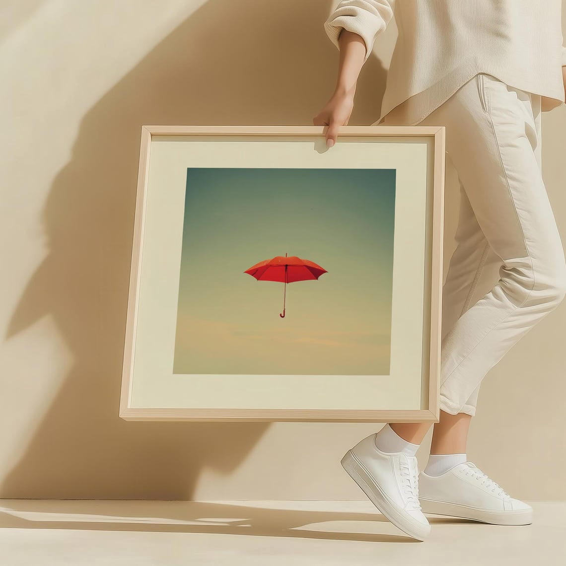 Surreal Floating Red Umbrella Art Print, Minimalist Dreamlike Wall Art ...
