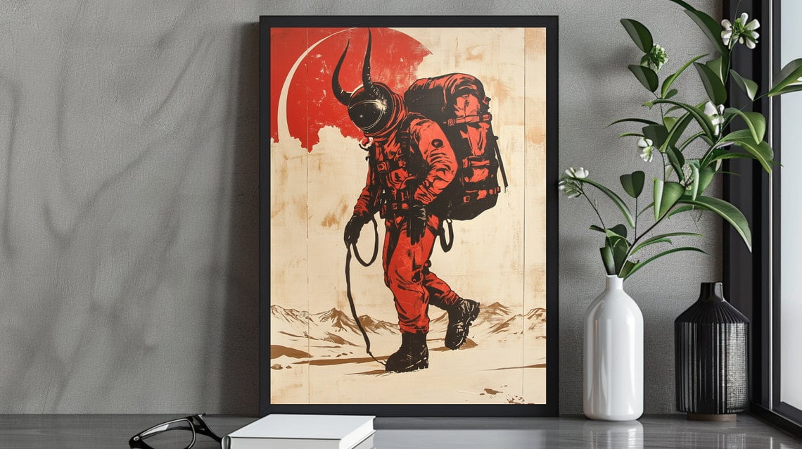 Surreal Horned Astronaut Art Print, Sci-Fi Wall Decor, Futuristic Space ...