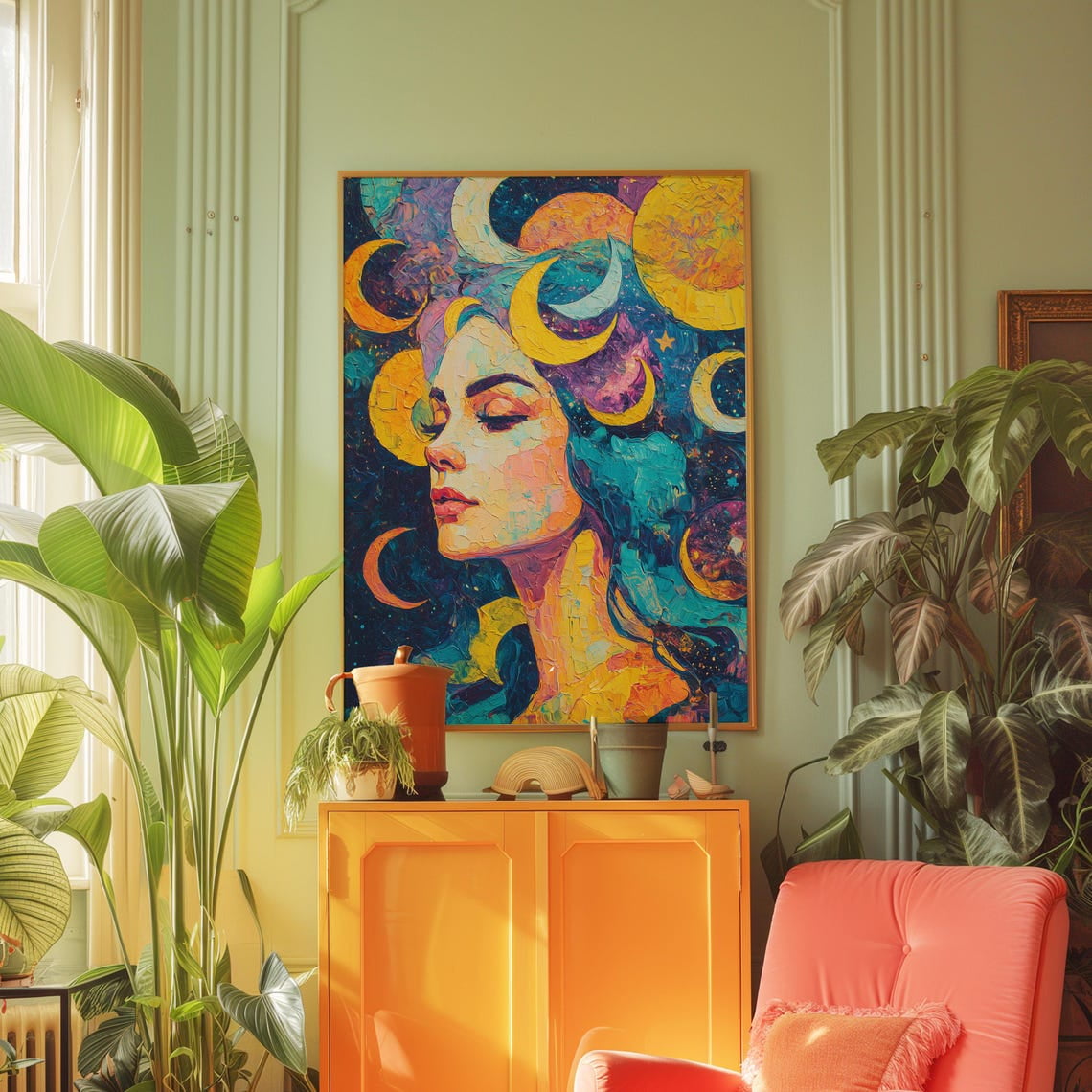 Surreal Moon Goddess Portrait Art Print, Maximalist Decor, Colorful ...