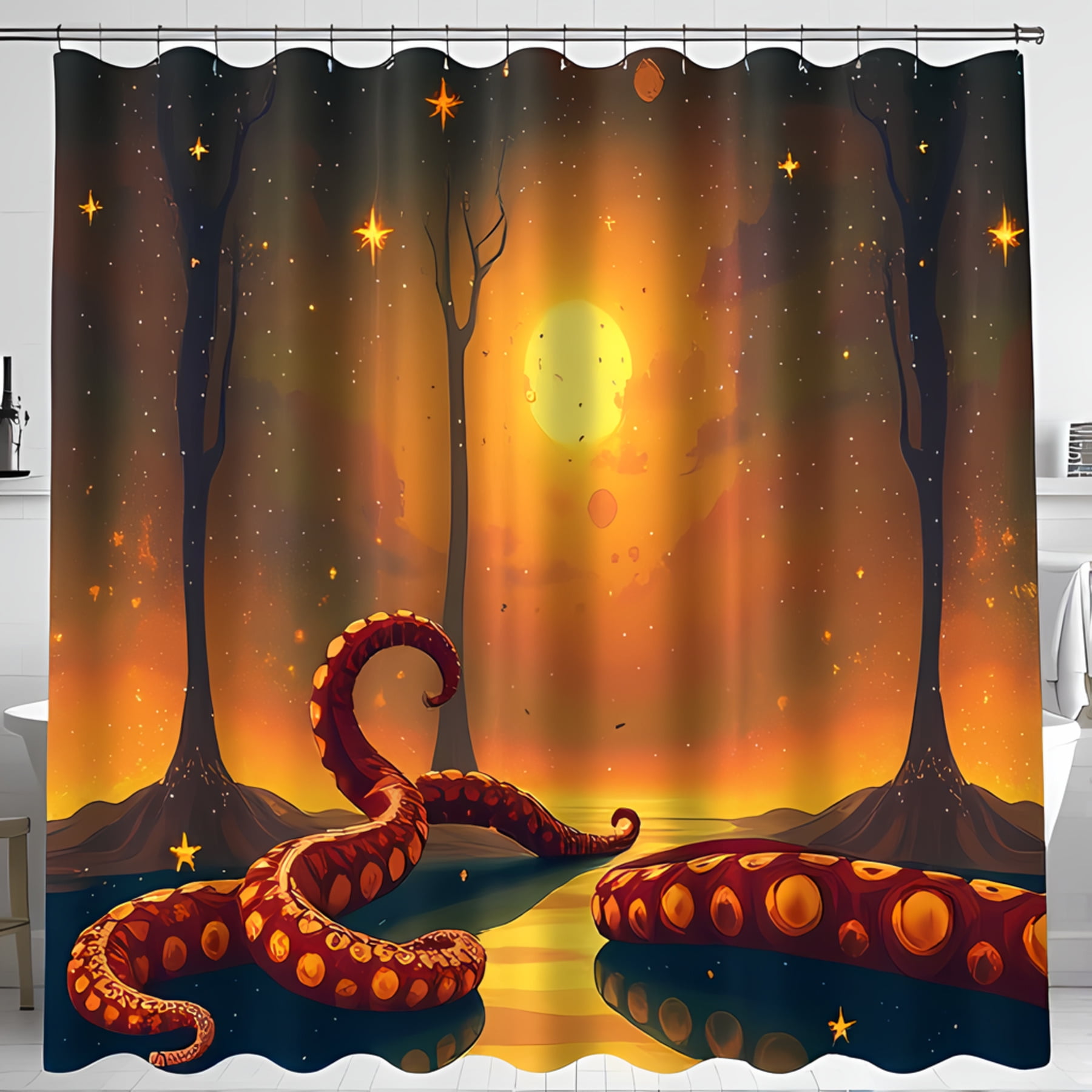 Surreal Octopus Nighttime Scene Shower Curtain - Vibrant Sunset Stars ...