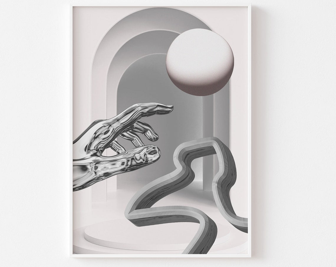 Surreal Postmodern 3D Silver Print - Fluid Holographic Hand, Arch ...